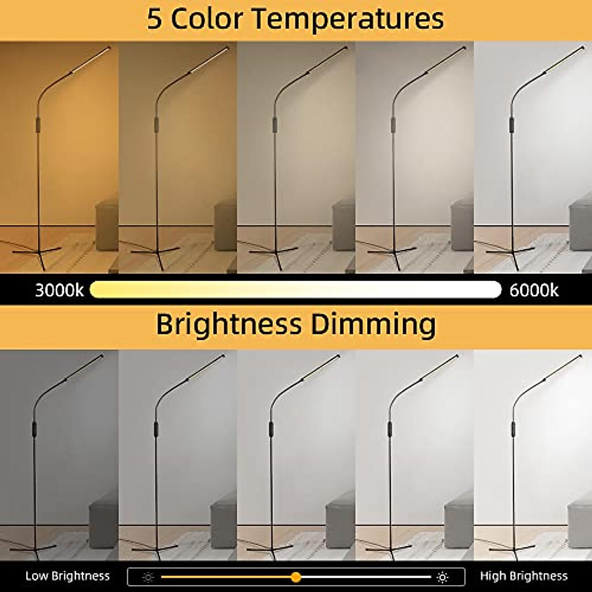 Aisilan Adjustable Floor Lamp with Remote&Touch Control, 12W Gooseneck Standing Lamp, 5-Color&5 Brightness Dimmable, Black Reading Tall Pole Light with Timer, Memory Function, for Living Room Bedroom