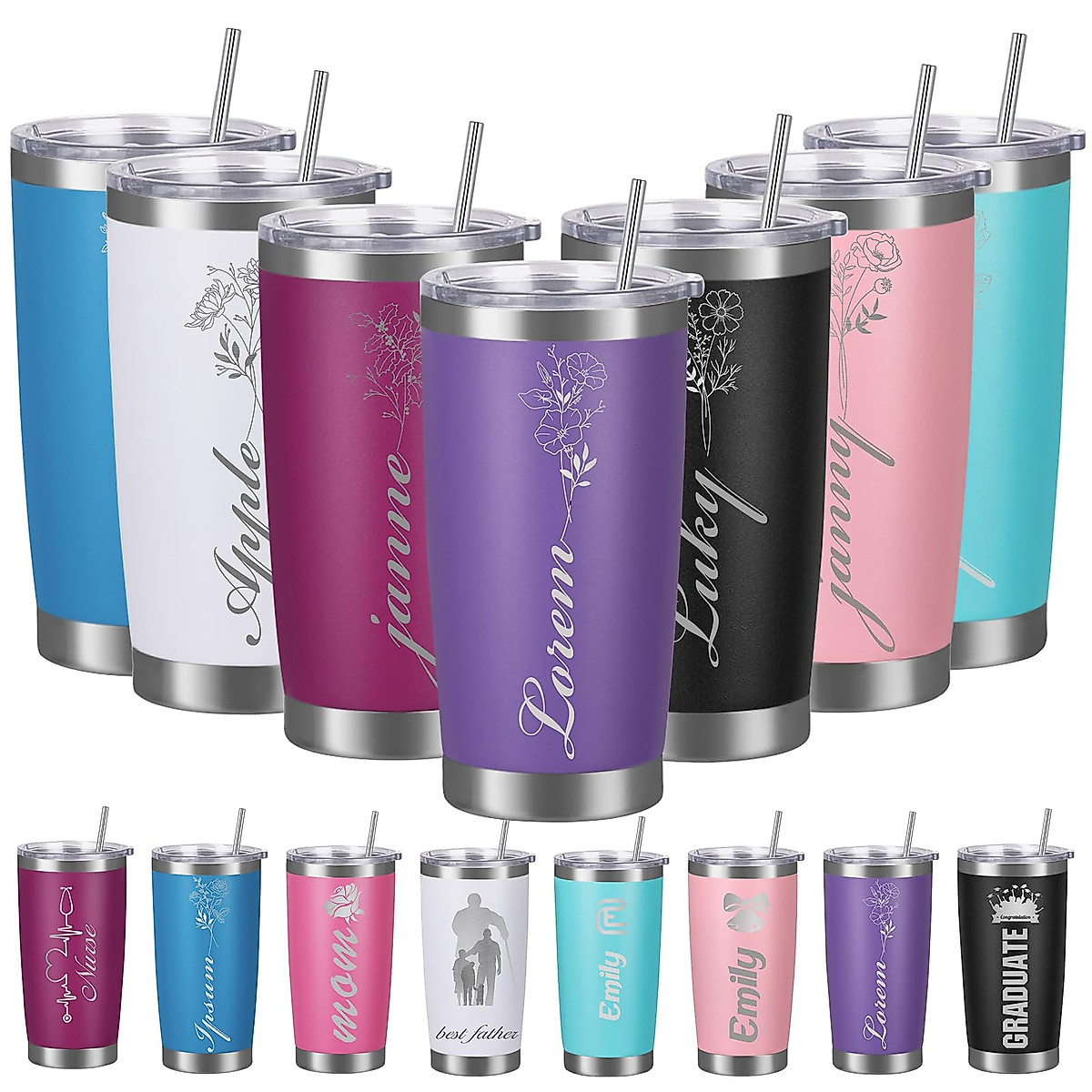 Personalized Tumblers Custom 20oz Insulated Coffee Cups Birth Flower Cup with Names Lids and Straws Customized Engraved Stainless Steel Mug Cups for Women