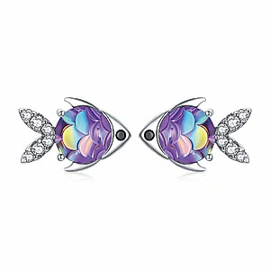 Qings Cute Fish Earrings - Sterling Silver 925 Stud Earrings Cubic Zirconia Purple Dainty Earrings Happy Fish Studs for Women