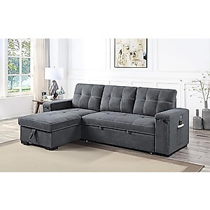 Lilola Home Toby Gray Woven Fabric Reversible Sleeper Sectional Sofa with Storage Chaise Cup Holder USB/USB-C Ports and Pockets