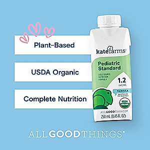 Kate Farms Pediatric Standard 1.2 Formula, Sole Source Nutrition, Nutritional Supplement Drinks, Feeding Tube Meals, Protein Shakes for Kids (Vanilla 1.2 cal/mL, Case of 12)