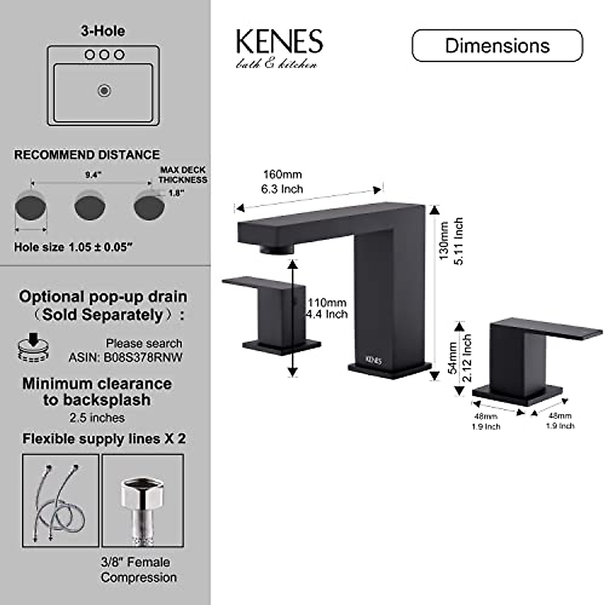 KENES Black Widespread Bathroom Faucet Matte Black 3 Hole Bathroom Sink Faucet 8-Inch, 2 Handle Bathroom Faucet Vanity Faucet with Lead-Free Supply Hose, KE-9050-2
