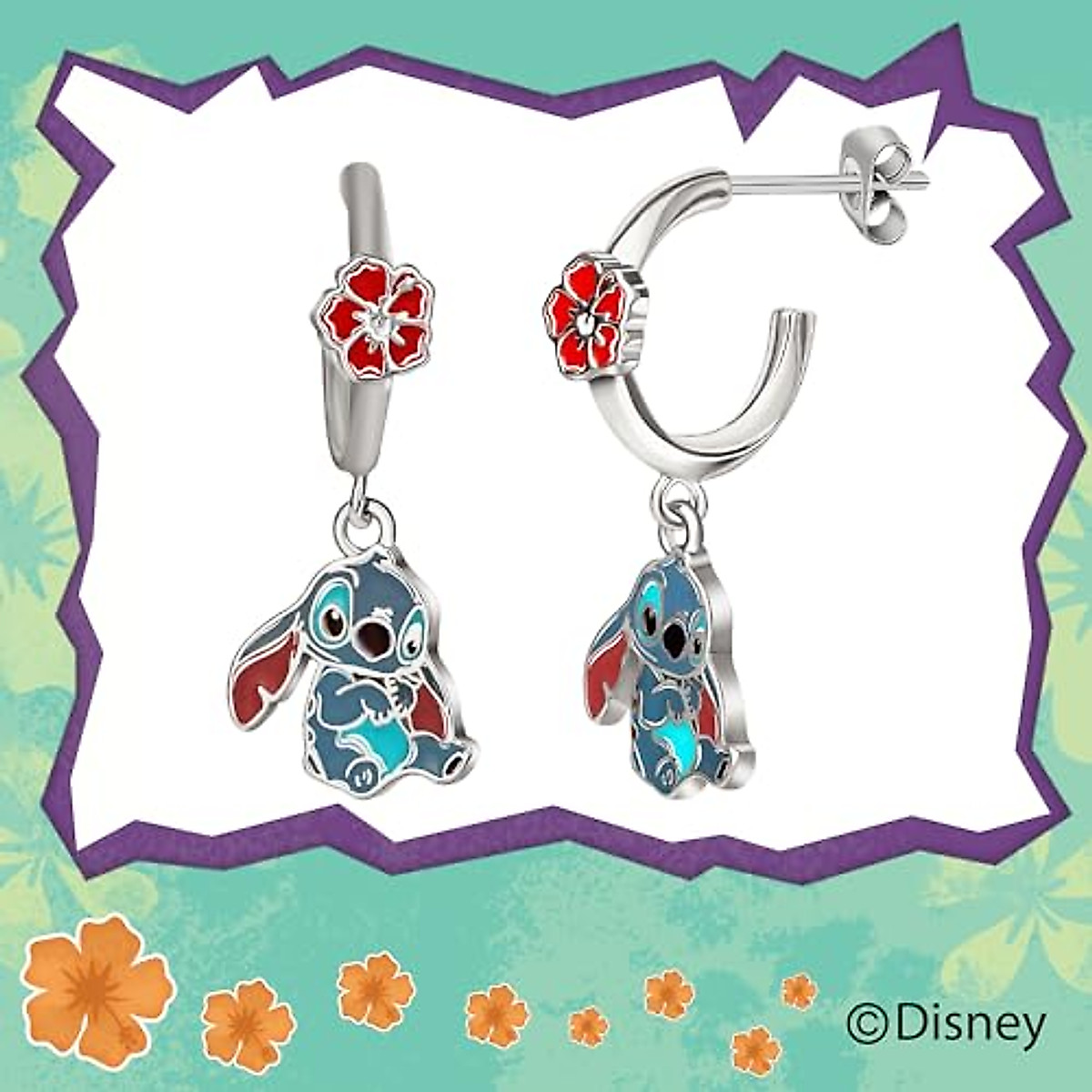 Disney Girls Lilo & Stitch Hoop Earrings - Enamel Hibiscus Flower & Stitch Brass Dangle Earrings - Officially Licensed
