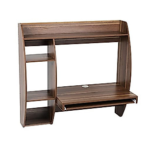 Mind Reader Wall Mounted Floating Wood Desk Table with Storage Shelves and Cable Management, Space Saving Computer Shelf, Office, Brown