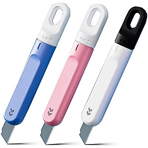 3 PCS Small Box Cutter, Small Utility Knife, Mini Pink Box Cutter for Women Rotate to Retract Box Opener, Retractable Box Cutter, Package Opener, Box Cutters for Home Office Travel and DIY