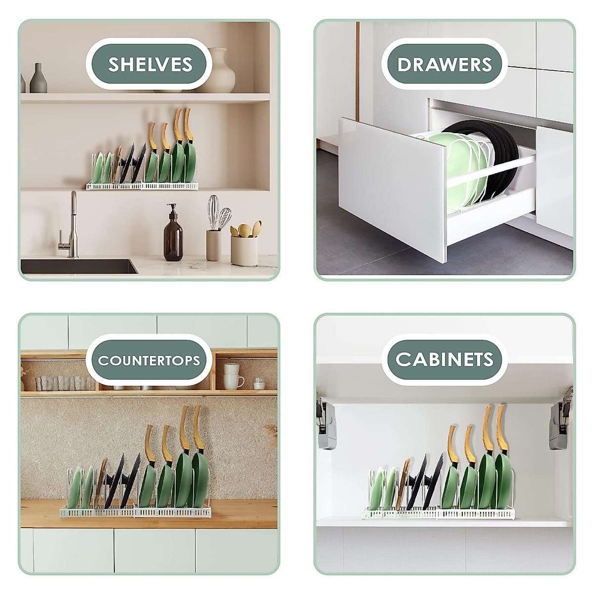 taabooh Adjustable Pot And Pan Organizer Rack - Aesthetic Pot Lid Organizer Rack - Durable Cookware Rack And Baking Pan Organizer - Expandable Horizontal Frying Pan Organizer With 10 Dividers