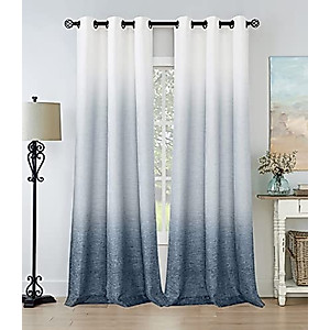 Central Park Ombre Window Curtain Panel Linen Gradient Print on Rayon Blend Fabric Drapery Treatments for Living Room/Bedroom, Cream White to Indigo Blue, 40" x 63", Set of 2