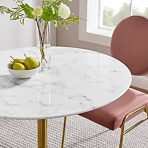 Modway Lippa 36" Mid-Century Dining Table with Round Artificial Marble Top in Gold White