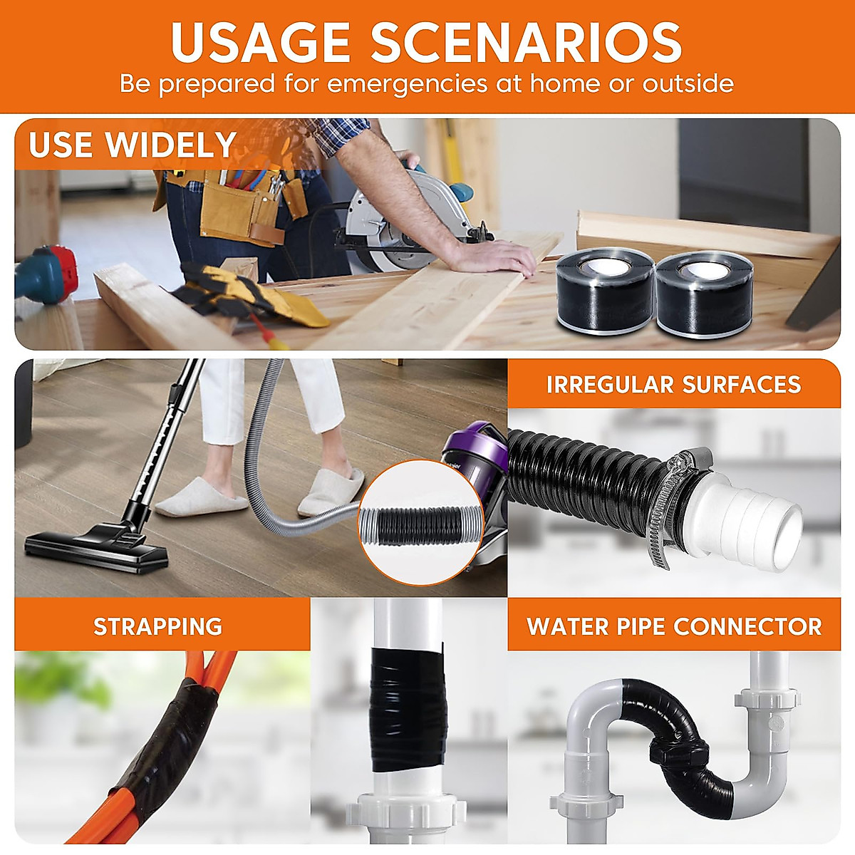 2 Rolls Self Fusing Silicone Tape - 1in(W) X 10ft(L) Waterproof Tape, Water Leak Seal Tape, Rescue Tape, Plumbing Hose Repair Tape, Rubber Tape for Cable Winding Insulating, Black