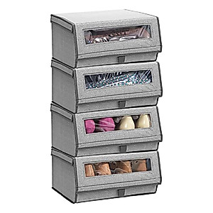 mDesign Large Fabric Closet Shoe Storage Box w/Clear Window - Shoe, Sandal, Sweater, Linen, Clothes Organizer - Boot Storage Solutions - Shoe Bin - Lido Collection, 4 Pack, Gray Herringbone
