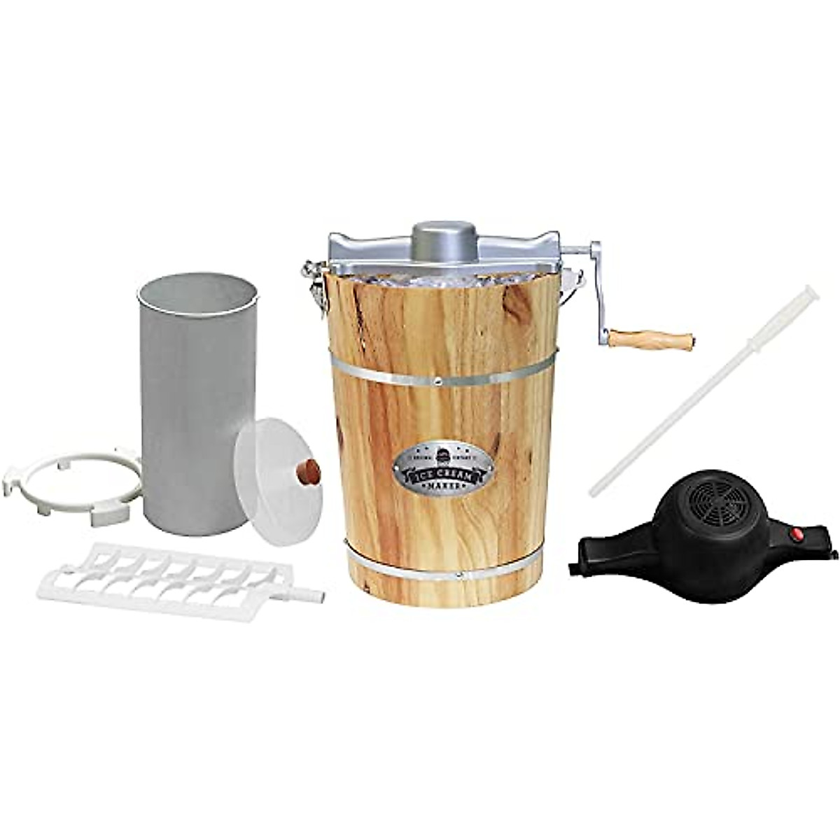 Elite Gourmet EIM916# Old Fashioned 6 Quart Vintage Wood Bucket Electric Ice Cream Maker Machine, *Bonus Classic Die-Cast Hand Crank for Churning, Uses Ice & Rock Salt Churn Ice Cream in Minutes, Pine