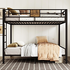Allewie Twin Over Twin Bunk Bed with Rustic Wooden Accents, Sturdy Metal Frame, Space-Saving Design, Noise-Free, Black