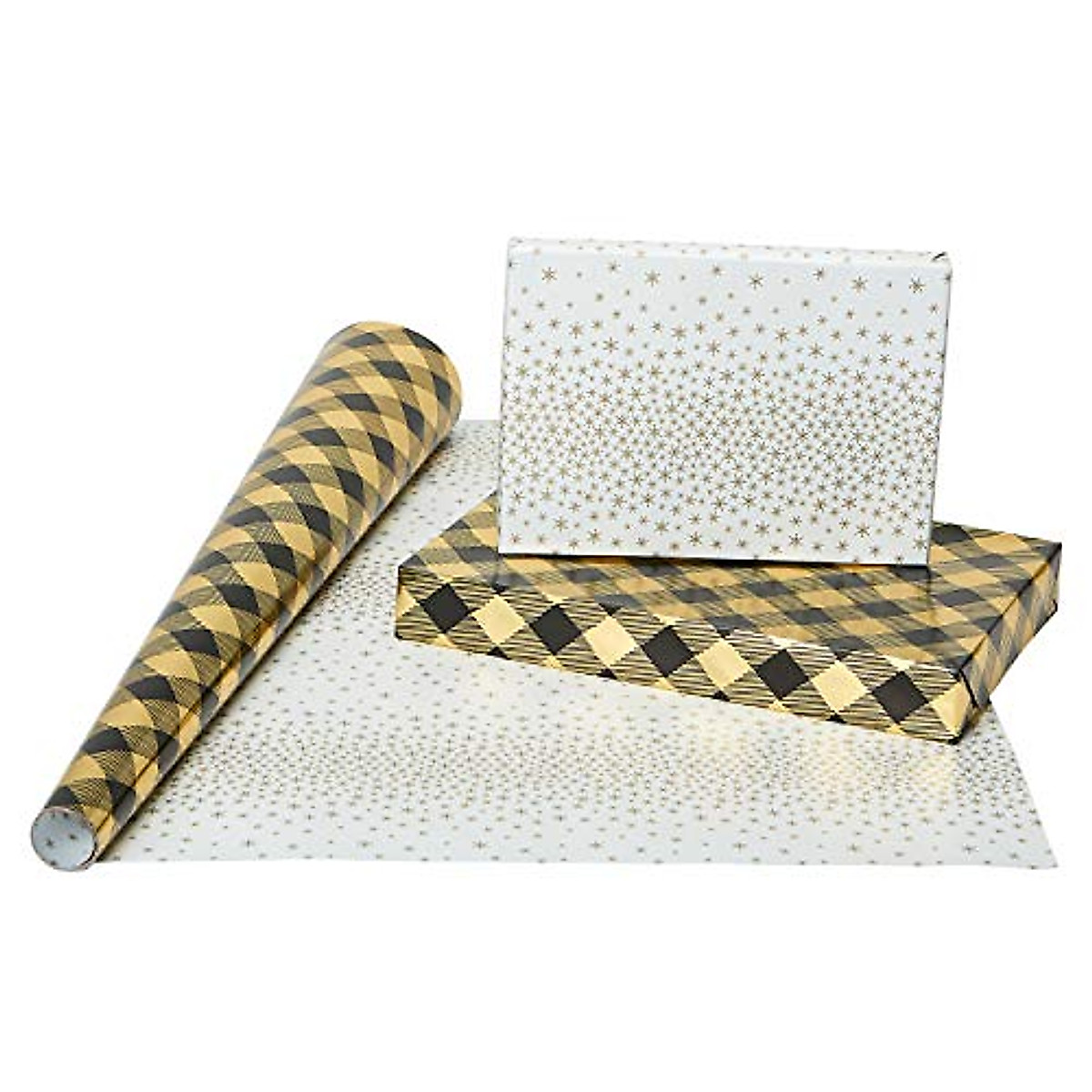American Greetings 80 sq. ft. Reversible Christmas Wrapping Paper Bundle, Black and Gold Foil, Plaid, Trees and Reindeer (4 Rolls 30 in. x 8 ft.)