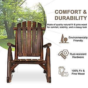 EPICOZY Outdoor Wooden Rocking Chair, Patio Rustic Adirondack Porch Rocker, All Weather Solid Wood Log Rocker Chair with High Back & Slatted Seat for Indoor, Backyard, Garden, Carbonized
