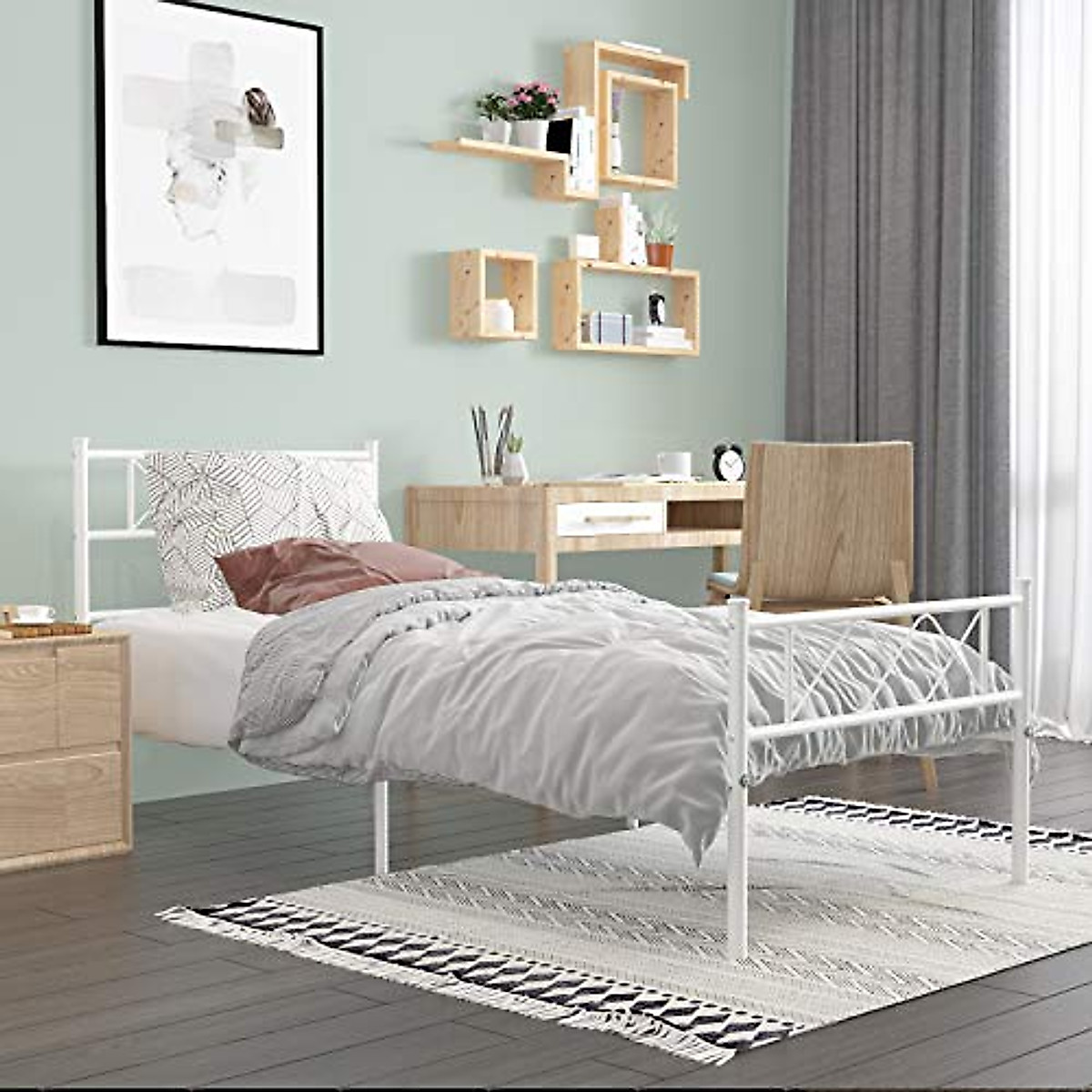 Weehom Metal Twin Bed Platform Frame Heavy Duty Steel Slat Under Bed Storage,White
