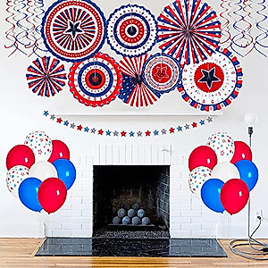 90shine 37PCS 4th/Fourth of July Decorations Set - Red White Blue Patriotic Memorial Day Paper Fans + Hanging Swirls + Star Streamer + Balloon Garland Home Outdoor Birthday Party Decor Supplies