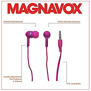 Magnavox MHP4850-PK Ear Buds in Pink | Available in Black, Blue, Pink, Purple, & White | Ear Buds Wired | Extra Value Comfort Stereo Earbuds Wired | Durable Rubberized Cable |