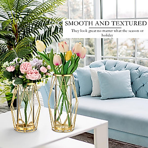 Lallisa 8 Pcs Gold Flower Vase Glass Vase Metal Geometric Vase Geometric Centerpiece with Glass Tall Geometric Candleholders for Candle Rose Table Wedding Living Room Decorations, 9.45 Inch, 7.87 Inch