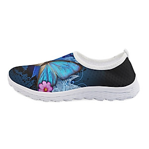 GOSTONG Blue Butterfly Print Womens Tennis Shoes Floral Trainers Summer Fashion Sneaker Comfortable Breathable Athletic Shoe Light Weight Memory Foam Mesh Shoes