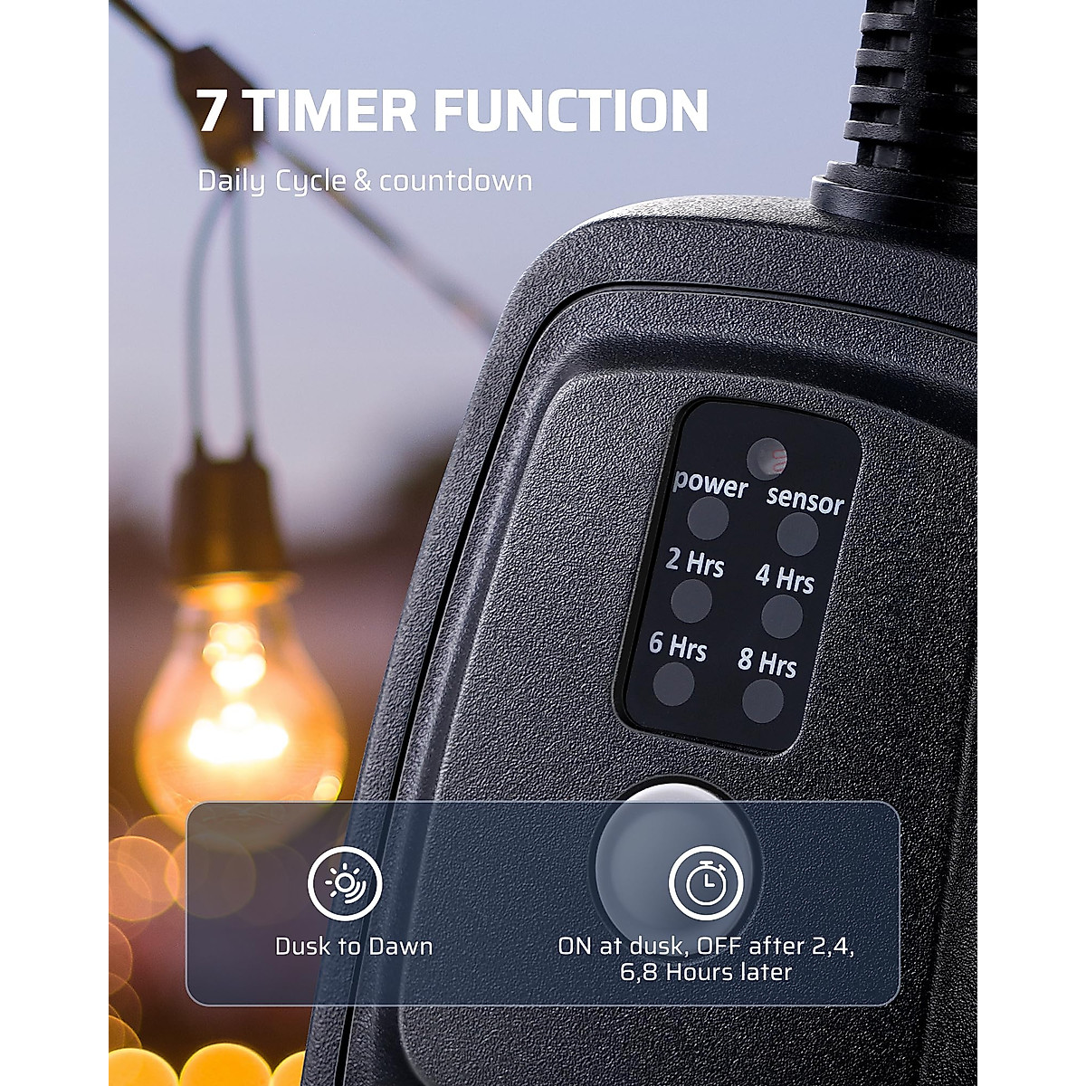 DEWENWILS Light Sensor Timer Waterproof, Plug in Timer Switch, 100 ft Range Remote Control with 2 Grounded Electrical Outlets for Outdoor String Lights, 15A 1/2HP UL Listed