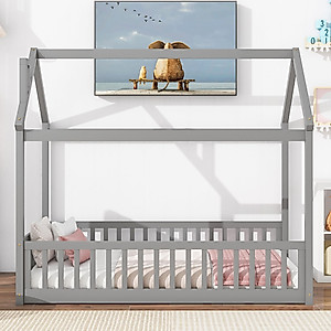 LLS Twin Floor Bed with Slats, Wooden Montessori Bed with Fence, House Bed Frame for Boys Girls Bedroom, Gray