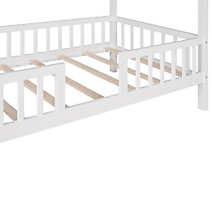 Bellemave House Bed Kids Montessori Beds Playhouse Bed Tent Bed, Solid Wood Platform Bed Frame with Fence and Roof for Kids Teens Girls Boys (White)