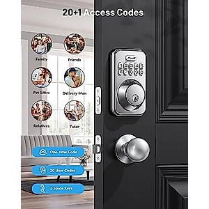 Keyless Entry Door Lock with 2 Knobs, Zowill DK01K Keypad Door Lock with Handle, Front Door Lock Set, Auto Lock, One-Touch Lock, One Time Code, IP54 Waterproof, Easy Installation - Satin Nickel