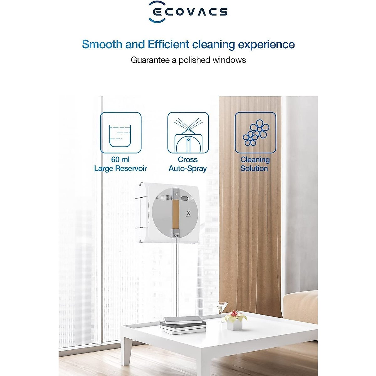 ECOVACS Winbot W1 Pro Window Cleaning Robot, Intelligent Cleaning with Dual Cross Water Spray Technology, Win SLAM 3.0 Path Planning, 2800Pa Suction Power, Edge Detection Technology, App Control,Grey