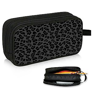 WOBAGMEN Double Layer Pencil Case with Handle Large Pencil Bag Cute Print Pencil Pouch for Boys Girls (Black Leopard)