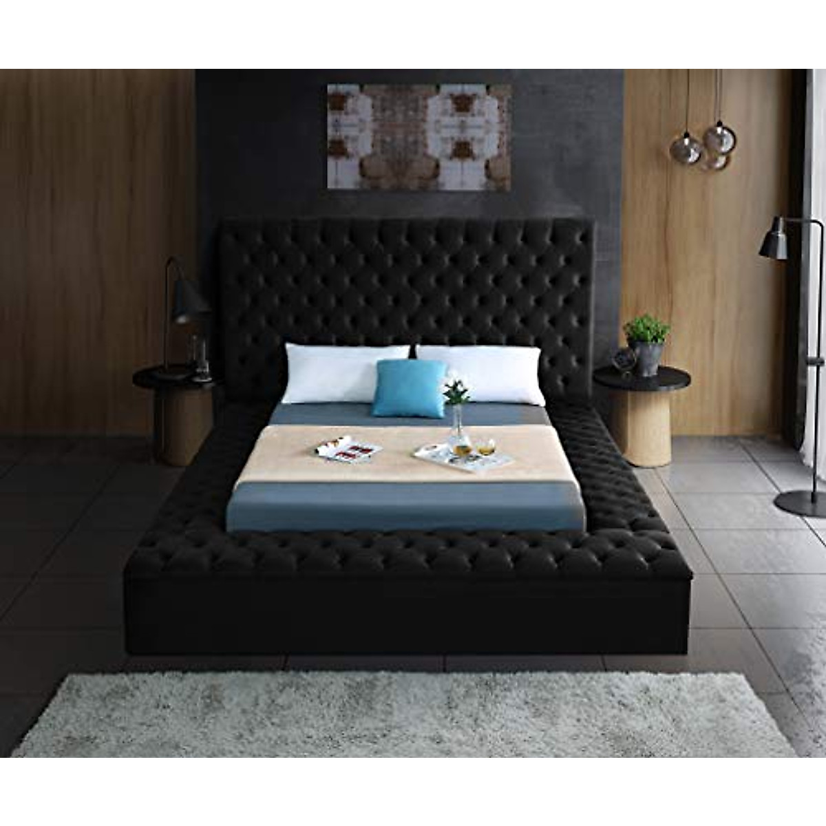 Meridian Furniture Bliss Collection Modern | Contemporary Velvet Upholstered Bed with Deep Button Tufting and Storage Compartments in Rails and Footboard, Black, King