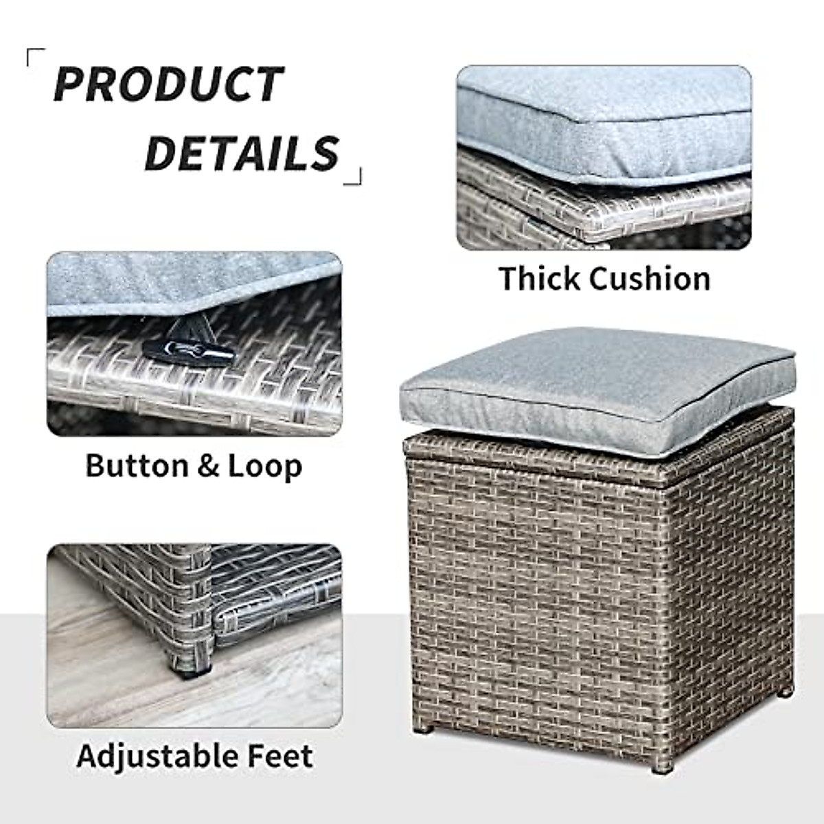 Verano Garden Patio Storage Ottomans, All Weather Wicker Ottoman Set with Removable Cushions, Outdoor Footstool footrest seat for Backyard, Garden, Poolside, Set of 2 (Grey)