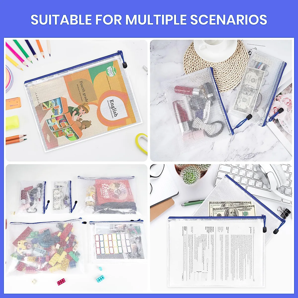 Omnifense 20pcs File Document Pouch 5 Sizes, Versatile Mesh Plastic Zipper Bag for Office Supplies, School Stationery, Travel Organization, and Toy Storage, Waterproof Materials