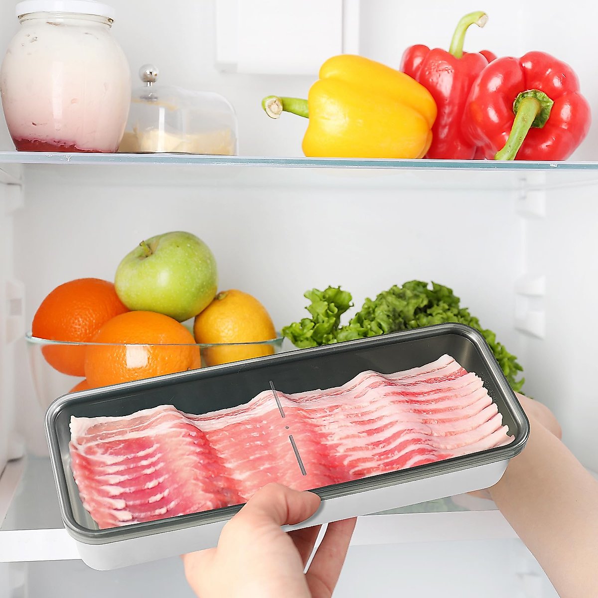 Upmely Bacon Container for Refrigerator, 304 Stainless Steel Container for Fridge, Bacon Fresh Keeper Deli Meat Saver, Airtight Bacon Storage Container with Lids, Dishwasher Safe