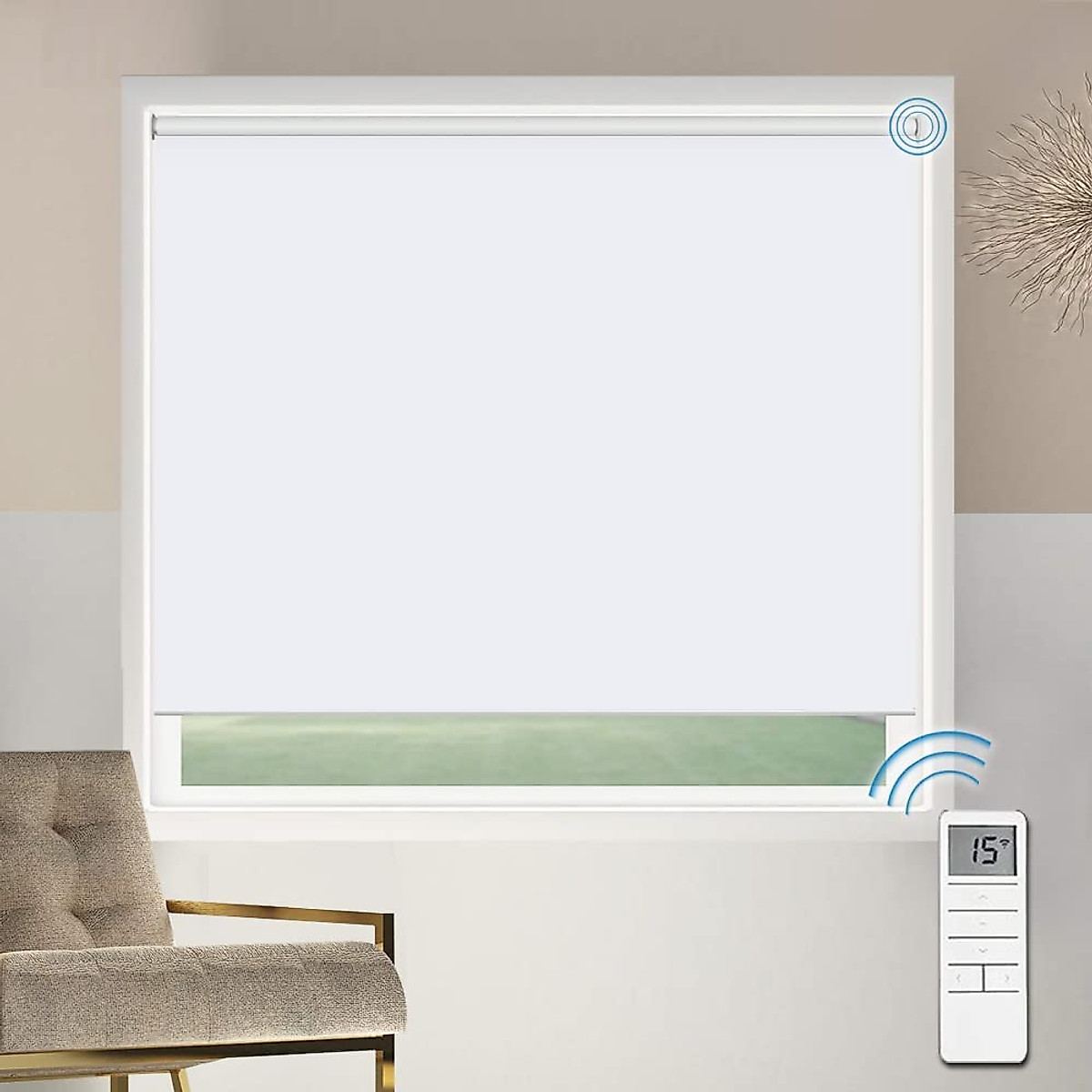 Motorized Blackout Valanced Window Shades, Remote Control Wireless and Rechargeable Roller Blinds with Top Valance, UV Protection White Fabric Roller Shades for Windows, Doors, French Door