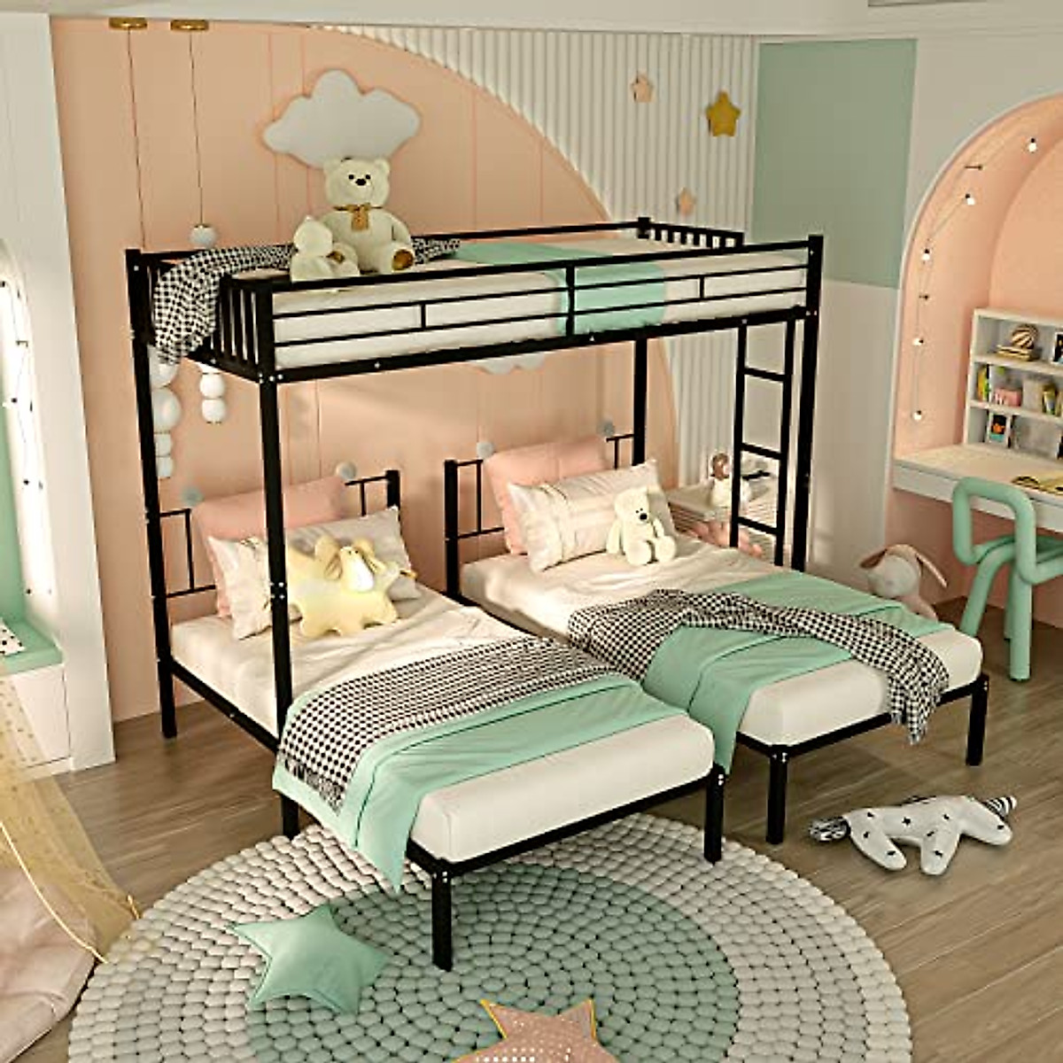 Dolonm Triple Bunk Beds, Twin Over Twin Bunk Beds for 3, Metal Triple Bunk Bed with Guardrails, 3 Twin Bunk Beds for Kids Teens Boys Girls (Black)