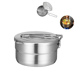 Denpetec Stainless Steel Camping Cook Pot with Lid and Folding Handle Camping Cookware 1.5L Large Capacity Bento Pot for Camping, Hiking, Picnic