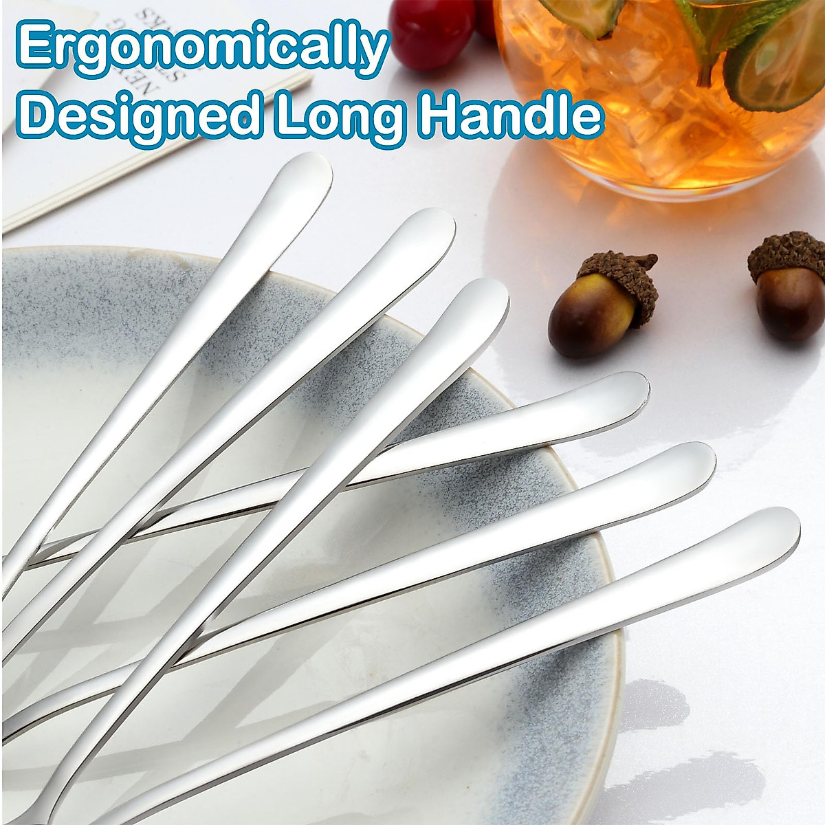 Pleafind 12-PCS Long Spoon (7.9 inch), Long Handle Iced Tea Spoons, Coffee Spoon, Ice Cream Spoon, Stainless Steel Stirring Spoon, Long Spoons for Shakes Cocktail Stirring Coffee Cold Drink