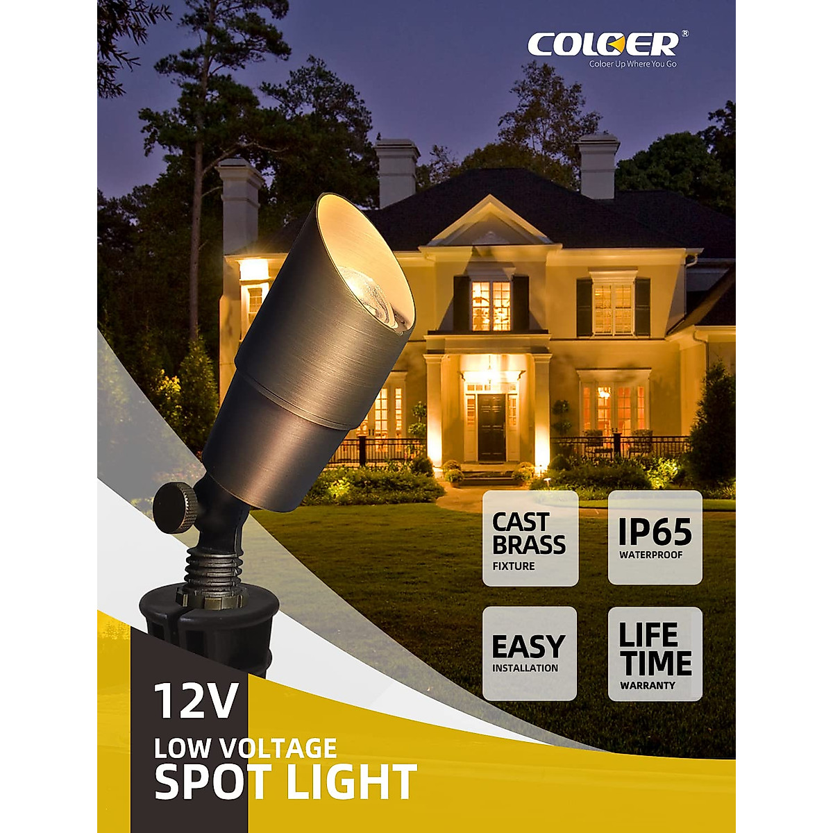 COLOER Die-cast Brass Low Voltage Spotlight 1-Pack with 5W Aluminum Housing MR16 LED Bulb 2700K 450LM CRI85+,12V AC/DC Outdoor Landscape Lighting, Directional Garden Patio Spot Up Light(101B)