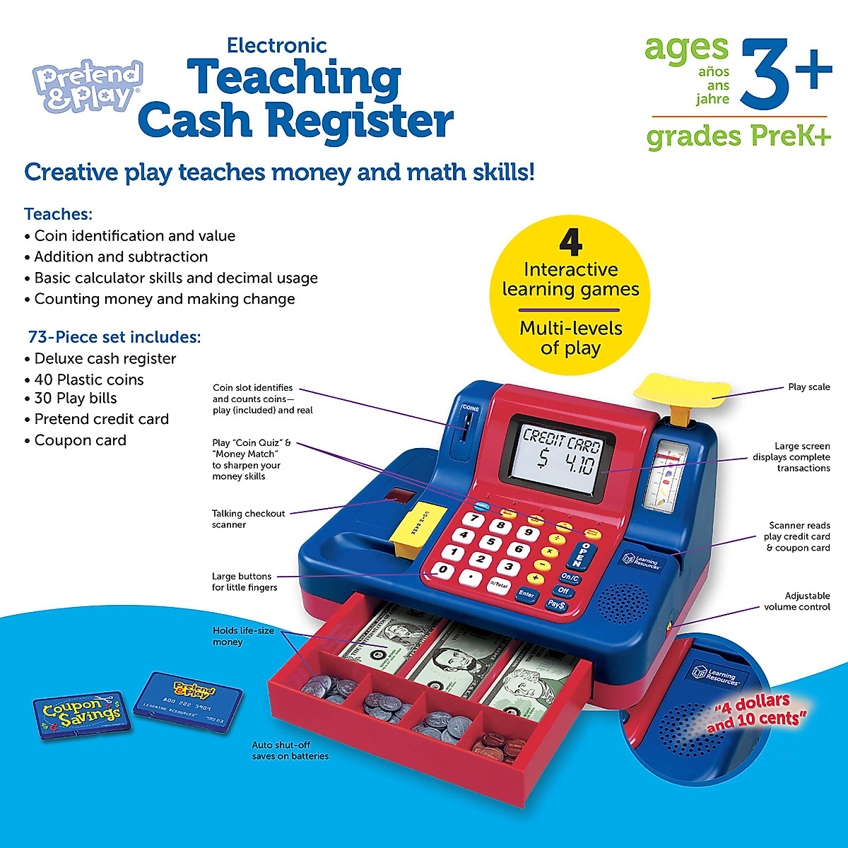 Learning Resources Pretend & Play Teaching Cash Register, 73 Piece Set, Ages 3+, Talking Register, Counting Activities, Money Management