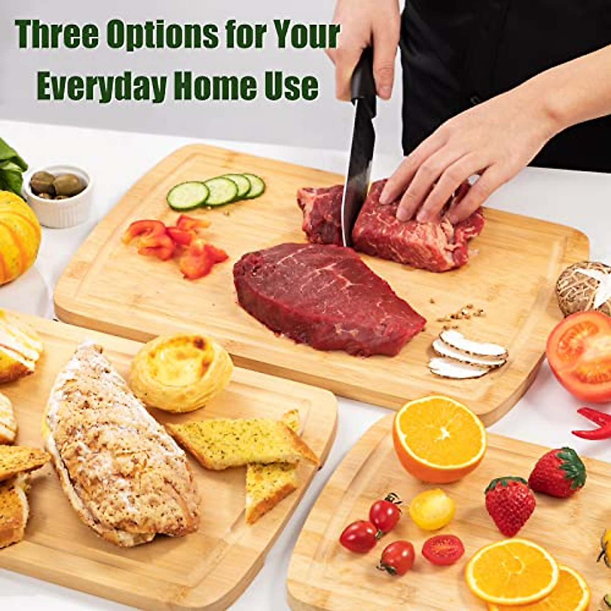 Bamboo Cutting Board Set for Kitchen Wood Chopping Board Set with Juice Groove and Side Handles Large Size Charcuterie Boards for Meat Vegetables Cheese(3 Pcs)