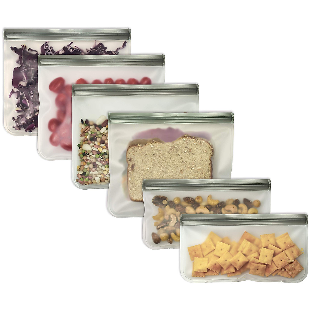 Lay Flat Reusable Clear Storage Bags, Set of 6 (4 Sandwich + 2 Snack), by Better Kitchen Products, with Double Zip Lock Closure, for Food, Travel, and General Use, Thick PEVA Material, TSA Conformity