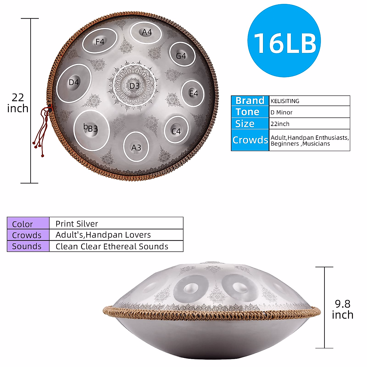 Handpan-Premium 432HZ 22 Inches 10 Notes D Minor Steel Hand Pan Drum Set,Silver Print Adults Handpan Drum