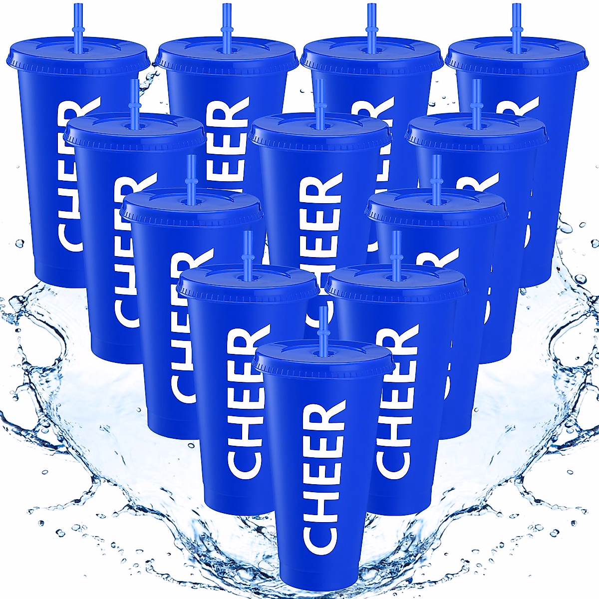 Layhit Cheer Teams Gifts Cheer Tumbler Cups Bulk 24 oz Reusable Cheer Plastic Tumbler with Straw and Lid Cheer Water Bottles for Team(Blue,12 Sets)