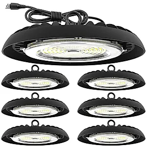 Sunco 6 Pack UFO LED High Bay Light, Plug & Play Lighting for Warehouse, 5000K Daylight, 200W, Power Cord Included, 28000 LM, 120VAC, IP65 Waterproof Shatterproof Fixture - UL Listed