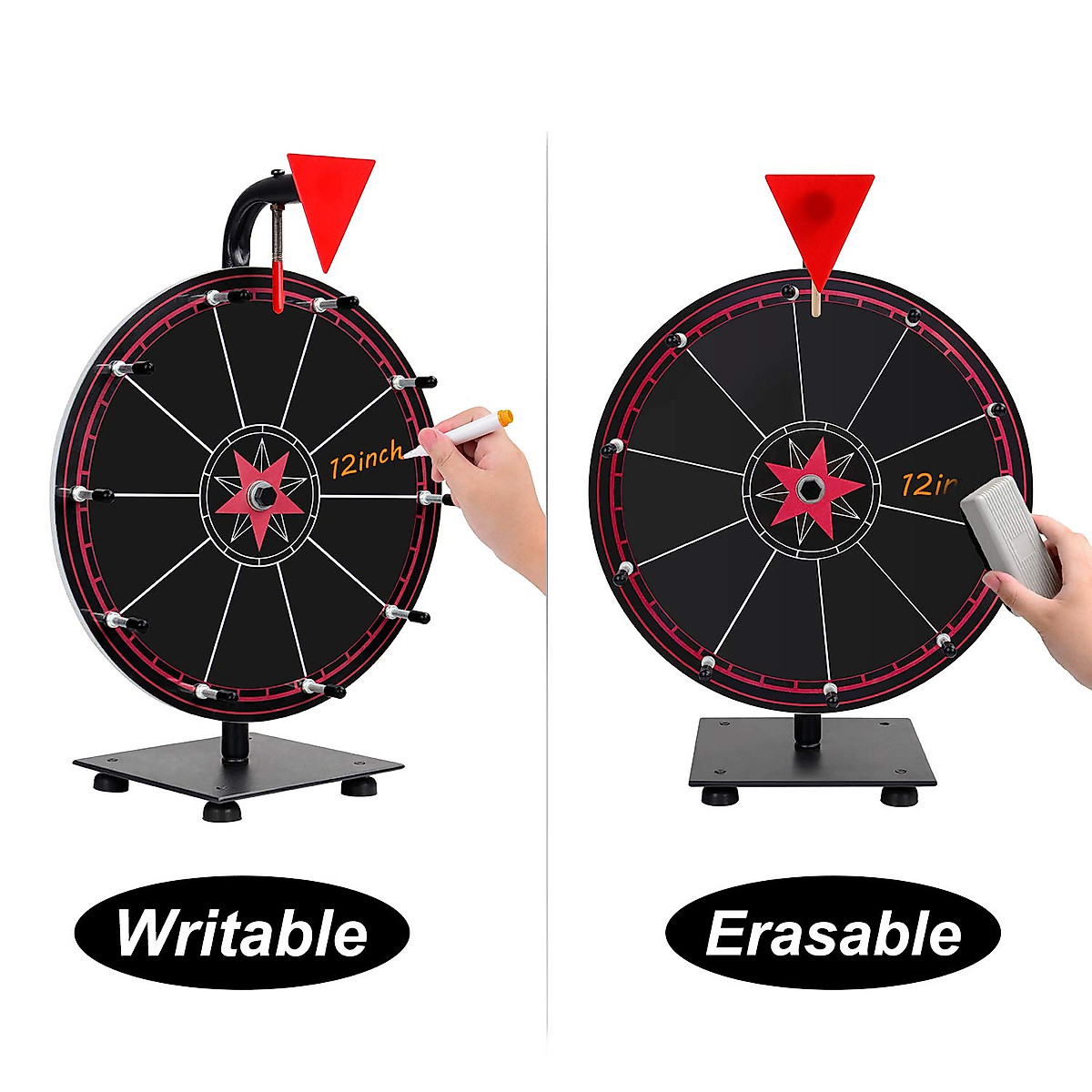 Spinning Wheel for Prizes, 10 Slots Black Prize Wheel with Eraser, 12 Inch Spin Wheel with Stand, Roulette Wheel for Tabletop - Wheel of Fortune Wheel Spinner for Carnival, Game Casino and Trade Show