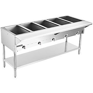 WILPREP 5 Well Natural Gas Food Warmer, 17,500BTU Commercial Gas Steam Table with 8" Cutting Board & Storage Shelf, 72" LP NG Stainless Steel Steam Table Food Warmer for Catering Buffets Restaurants