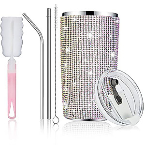20 oz Bling Tumbler Bling Cups Rhinestone Water Bottle with Lid Straw and Brush Stainless Steel Thermal Straw Cup for Women (AB Color, Pink)