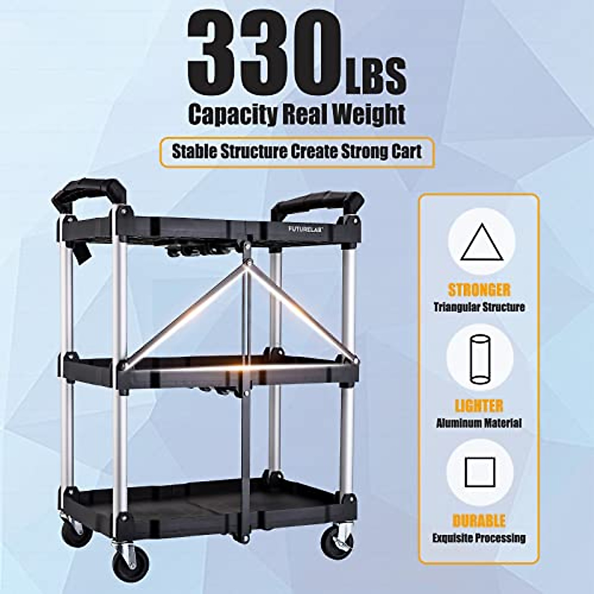 FUTURELAB Portable Folding Service Cart - 3 Tier 330LBS Capacity - Rolling Cart Utility Cart Foldable Cart with Wheels for Warehouse Home Workshops Garages Restaurants Offices