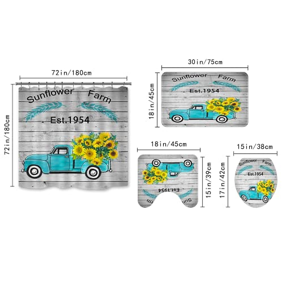 Dexsawoi 4pcs Rustic Sunflower Truck Shower Curtain Set with Non-Slip Sunflower Carpet, Toilet lid, and Bath mat. Bathroom Curtain with 12 Hooks 72 x 72 inches
