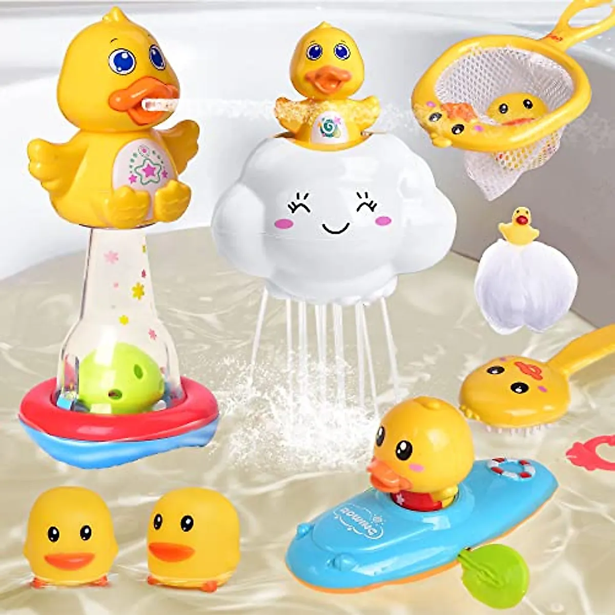 8 PCS Baby Bath Toys for Toddlers, Duck Spray Water Toy Bath Squirters Bath Boat Fishing Net, Bath Shower Tub Toys for Kids Toddlers